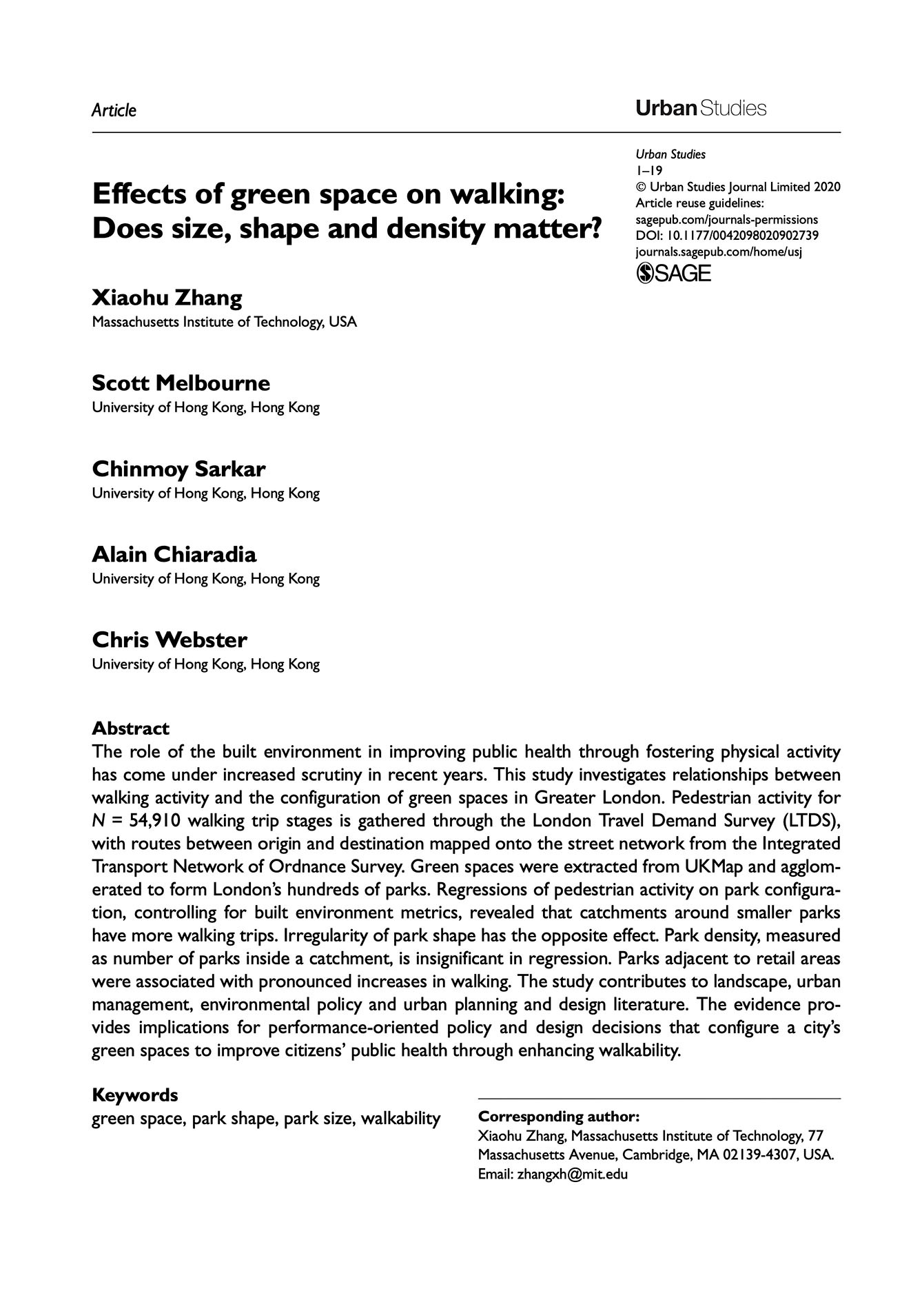 Effects of green space on walking | HKU Faculty of Architecture